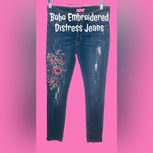 Machine | Jeans | Machine Embroidered Distressed Denim Jeans | Poshmark